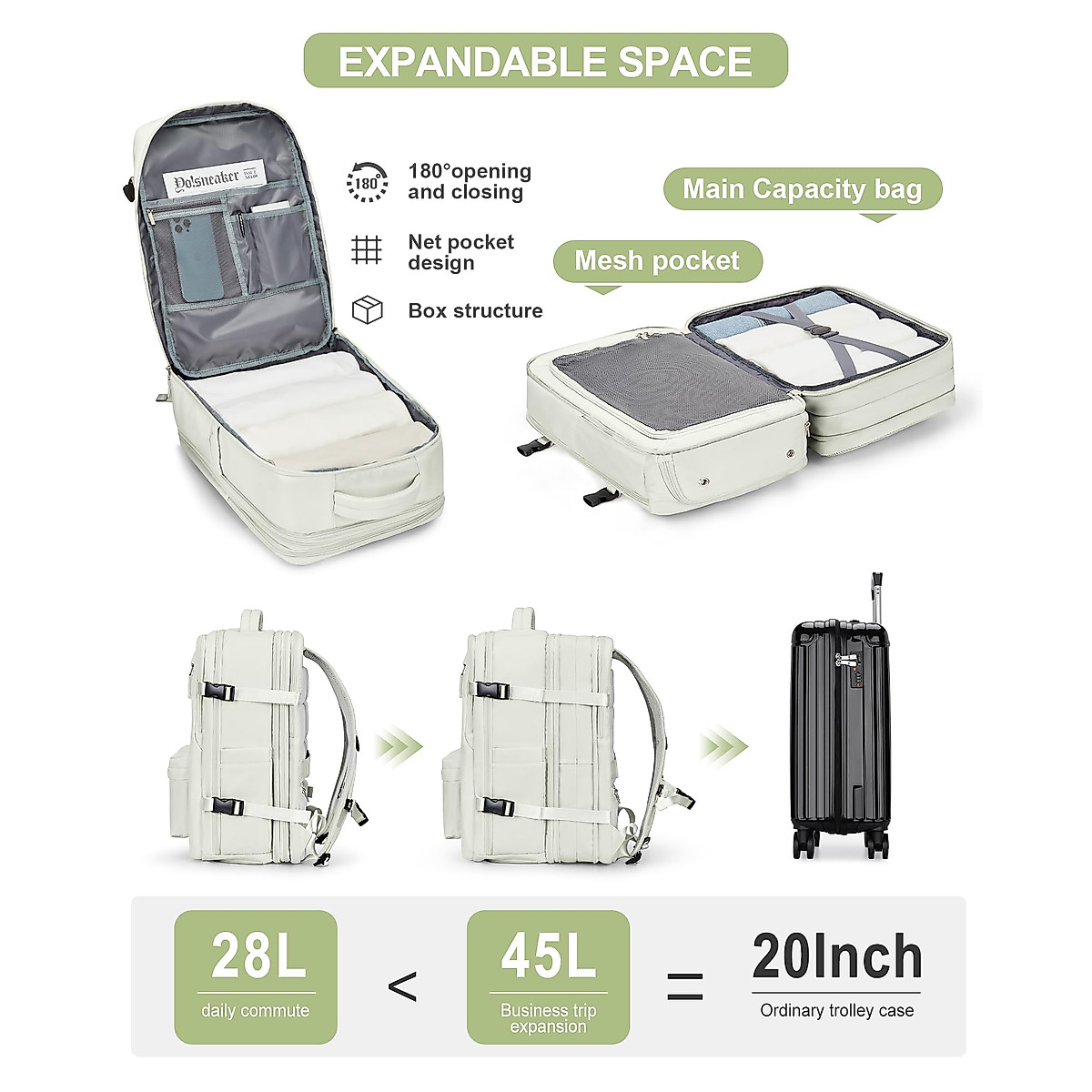 Large Travel Laptop Backpack, Expandable Flight Approved Backpack, Carry on Backpack for Women, Waterproof 17inch Laptop Hiking Backpack with Shoe Compartment, Moon White