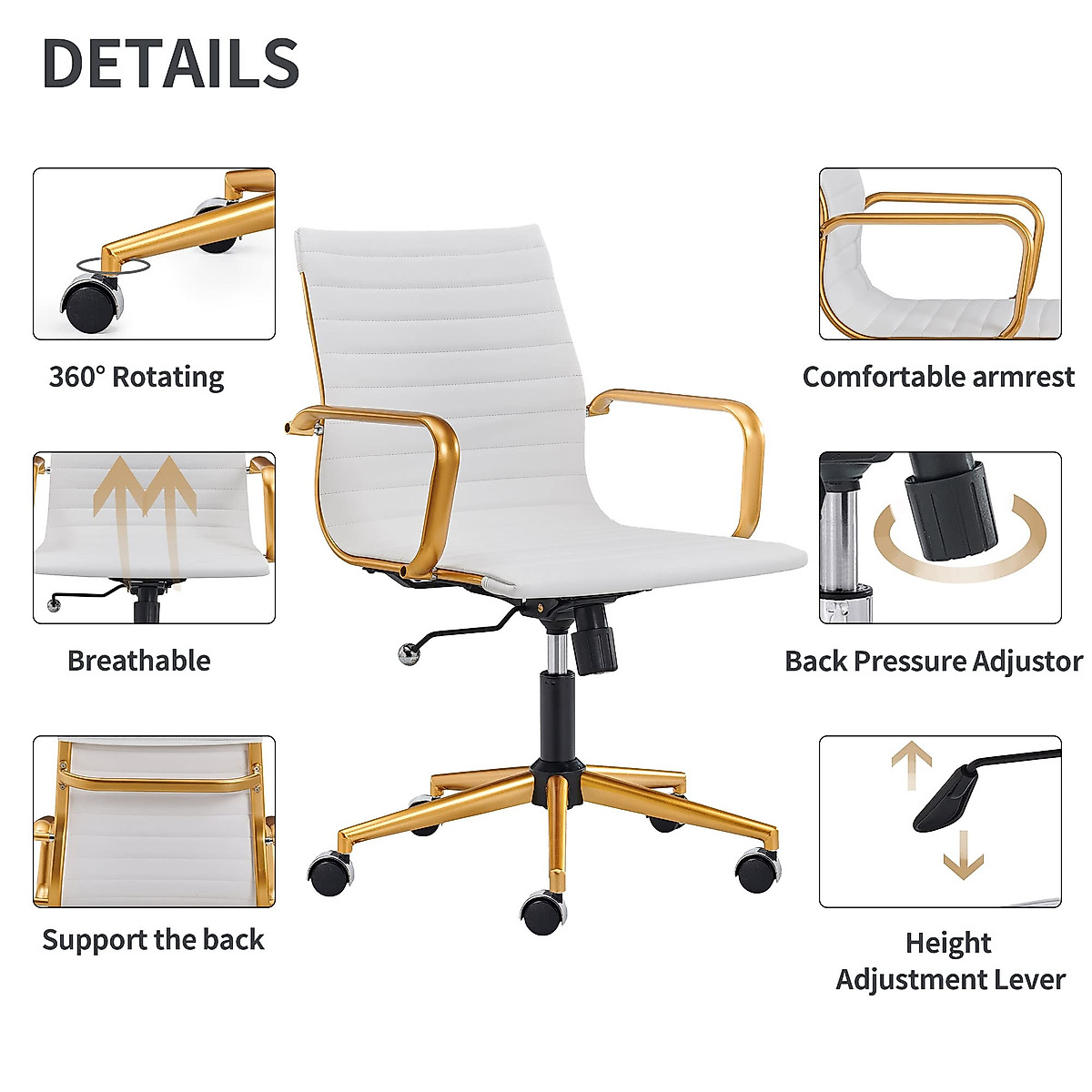 COROCC Office Desk Chair Modern Conference Room Task Chairs Leather Computer Swivel Excutive Ribbed Ergonomic Rolling Chair for Bed Room White and Gold Chair
