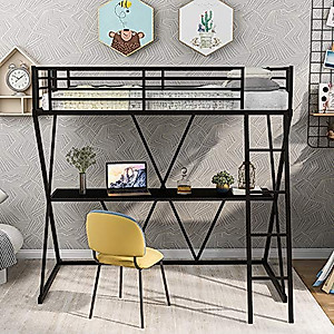 Twin Loft Bed with Desk, Loft Bed with Ladder and Full-Length Guardrails, X-Shaped Frame,Maximum Weight of 220 lb， Black（New）