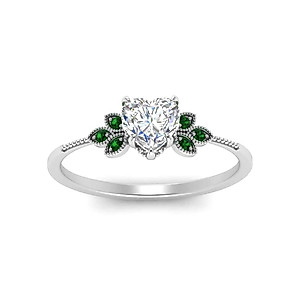 Gemsonclick Leaf Diamond Engagement Ring Sterling Silver Created Emerald Heart Shape Green Color Vintage Engagement Rings Prong Setting in Size 8 Party Wear Daily Wear Ornament