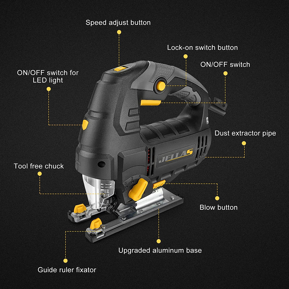 JigSaw, 6.7Amp Power Jig Saws with LED Light,10 Blades, 800-3000 SPM Jig Saw, 6 Variable Speed, 0°-45° Bevel Cutting, 4 Orbital Sets, 3M AC Cord