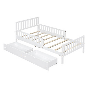 SOFTSEA Cute Twin Platform Bed Frame for Boys Girls with Guardrail and Storage Wood Bed Frame with Drawers for Storage, Wood Slats and No Box Spring Needed, White