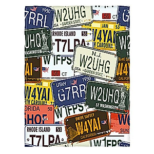 Yunine Blanket, 60 x 80 Inches Throw Blanket Car License Plates in Retro Garage Pattern Soft Warm Blanket for Bed Couch Sofa Lightweight Travelling Camping Comfort Home Decoration for All Season