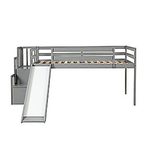 BOVZA Twin Size Low Loft Bed with Stairs and Slide, Wood Bedframe with Safety Guardrails for Kids Boys Girls, Gray