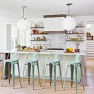 Changjie Furniture Metal Bar Stools Set of 4 Distressed Industrial Counter Bar Stool with Backs Bistro Cafe Barstools(30 inch, Distressed Blue-Green)