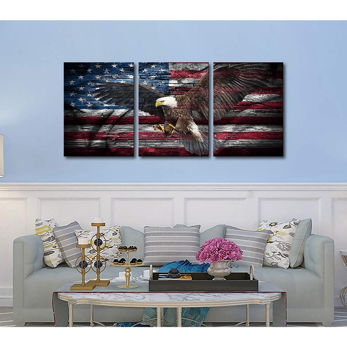 KALAWA American Flag Wall Art Eagle Canvas Independence Day Artwork Red White Blue Painting Patriotic Concept Wall Decor the USA Flag Home Decor 3 Panels Print for Living Room Framed Ready to Hang