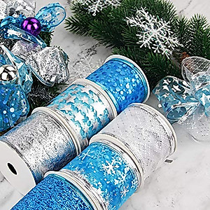 VATIN Christmas Ribbon,Wired Holiday Party Ribbons Assorted Snowflake Dot Holly Star Patterns Decorations, Swirl Sheer Glitter Ribbon 36 Yards (2.5" Width x 6Yard Each Roll) -Blue/Silver