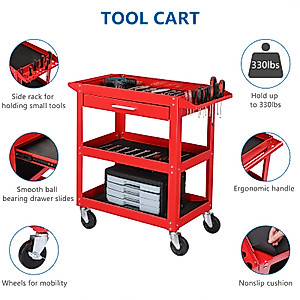 TUFFIOM 3 Tier Rolling Tool Cart, 330 LBS Capacity Industrial Service Cart, Heavy Duty Steel Utility Cart, Tool Organizer with Drawer, Perfect for Garage, Warehouse & Repair Shop (Red)