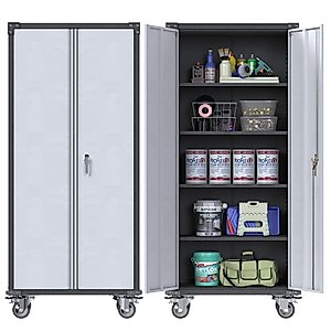 71'' Tall Metal Storage Cabinet with Wheels, Rolling Garage Cabinet with Lockable Doors and Adjustable Shelves, Metal Utility Cabinet for Garage and Home, Easy-Assembly