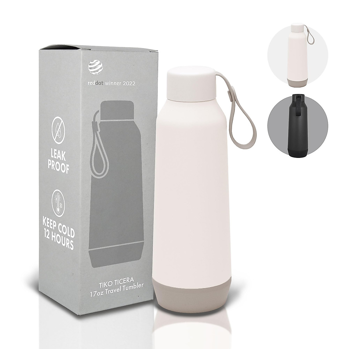 WOKY TIKO 17oz Titanium Ceramic Tumbler - Double-Layer Stainless Steel Insulated Water Bottle, Vacuum Structure Design with Titanium Lid & Silicon Carry Strap - Perfect for Gym& Travel (White)