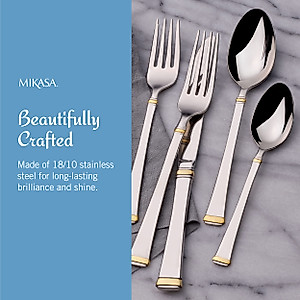 Mikasa Harmony 65-Piece Stainless Steel Flatware Set with Serveware, Service for 12, Gold-Accent