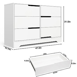 White Dresser for Bedroom with 6 Drawers, Double Dresser Chest of Drawers Kids Dresser Drawer Organizer for Nursery,Living Room,Closet, Entryway, Hallway