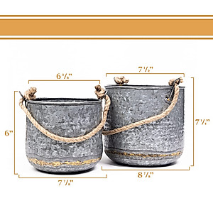 Avera Products Lasso Bucket Set of 2 | Galvanized Metal Bucket Planters for Indoor Plants, Rustic Metal with Gold Weld Trim, includes Drainage Holes