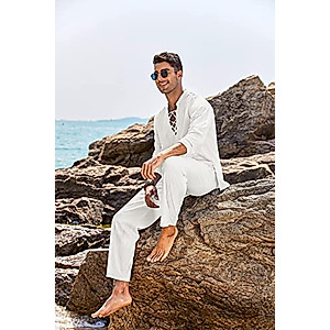 COOFANDY Men's 2 Piece Linen Set Long Sleeve Henley Shirts Casual Beach Pants With Pockets Summer Yoga Outfits