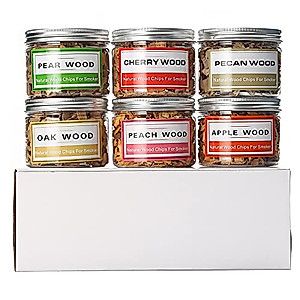Natural Wood Chips for Smoker Grill and Smoking Gun 6 pcs Wood Chips Pecan, Oak, Cherry, Apple, Peach and Pear About 8oz Each Great for Smoking Beef Pork Chicken Fish and Whisky