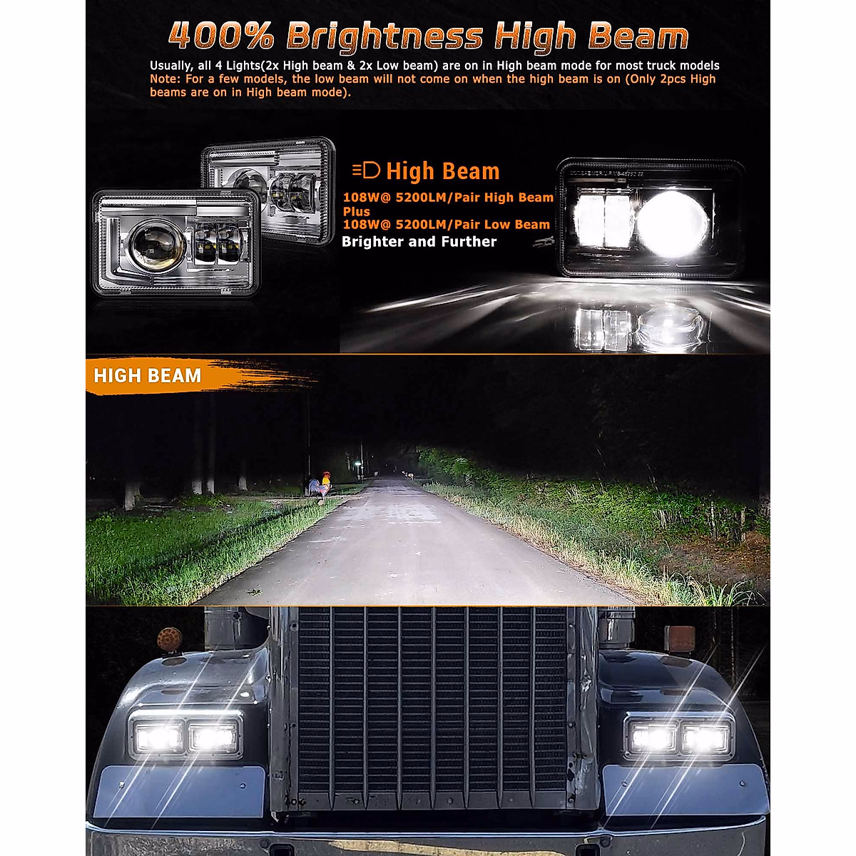 Z-OFFROAD DOT Approved 4x6 LED Headlights Assembly Hi/Lo Sealed Beam Compatible with KW T800 T600 Peterbilt 379 Freightliner Chevy Oldsmobile Cutlass H4651 H4652 H4656 H6545 H4666, 4PCS-Chrome