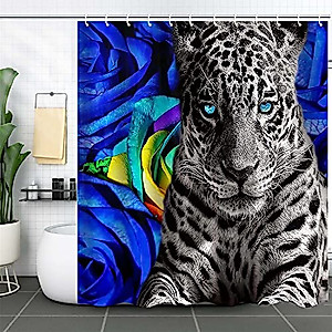 Blue Roses and Leopard Shower Curtains Bathroom Sets with Rugs and Accessories Bellcon 4pcs Animals Bathroom Sets with Toilet Seat Cover and Nonslip Bath Mat for Men and Women