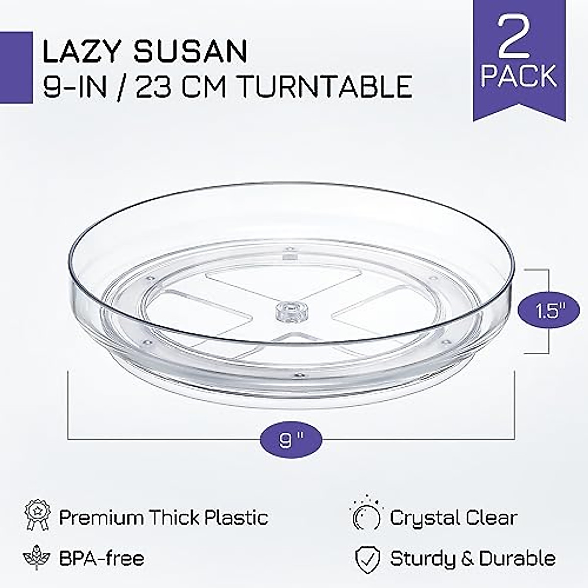 2 Pack, 9 Inch Clear Non-Skid Lazy Susan Organizers - Turntable Rack for Kitchen Cabinet, Pantry Organization and Storage, Fridge, Bathroom Closet, Vanity Countertop Makeup Organizing, Spice Rack