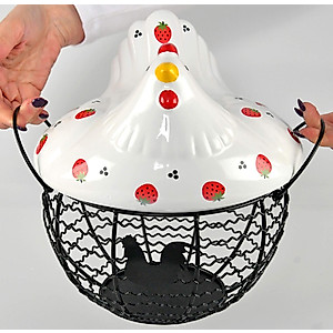 HOME-X Chicken Egg Basket for Egg Storage, Ceramic and Iron Decorative Basket with Chicken Design, Farmhouse Kitchen Decor, Holds 20–25 Eggs, Strawberry Print