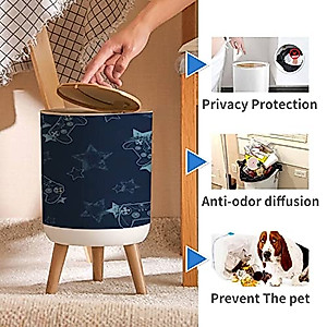 Trash Can with Lid Gamepad Seamless with Joystick Sign and Grunge Stars Game Repeats Wood Small Garbage Bin Waste Bin for Kitchen Bathroom Bedroom Press Cover Wastebasket 7L/1.8 Gallon