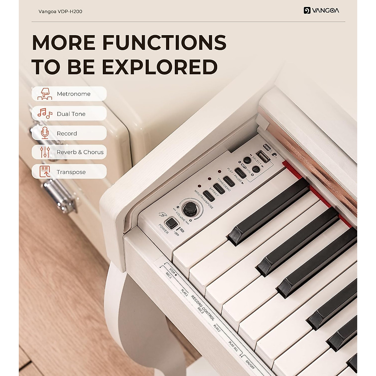 Vangoa Digital Piano 88 Keys Weighted Hammer Action White Home Digital Piano Bundle for Beginner Professional Adult with Wooden Stand, Slide Key Cover, Three Pedals, Power Adapter