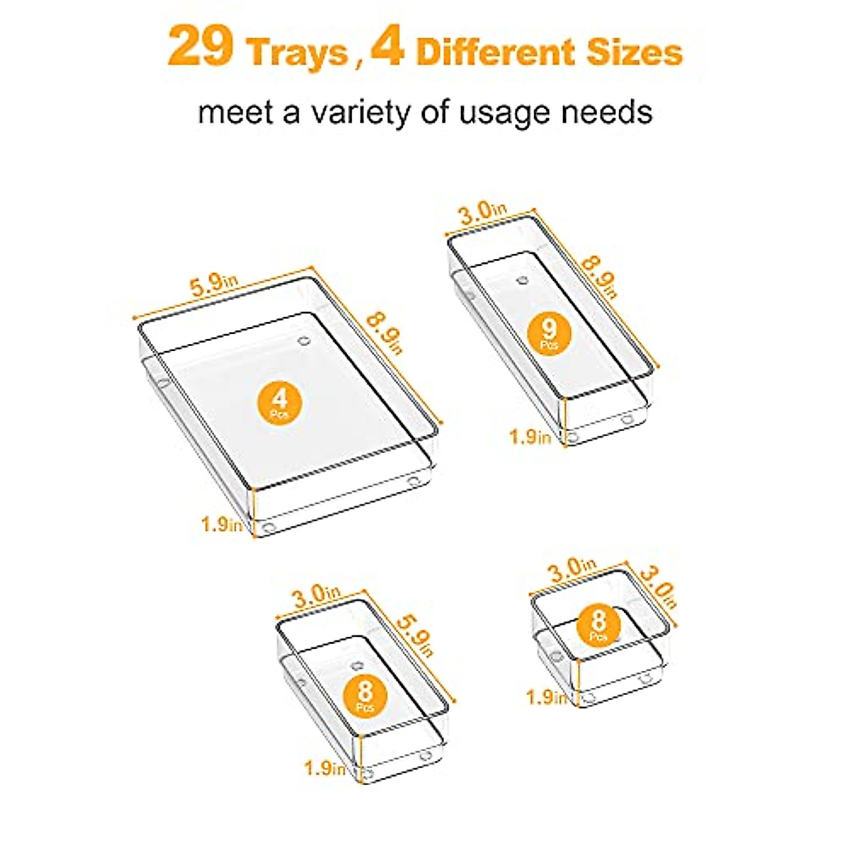 SMARTAKE 29-Piece Drawer Organizer with Non-Slip Silicone Pads, 4-Size Desk Drawer Organizer Trays Storage Tray for Makeup, Jewelries, Utensils in Bedroom Dresser, Office and Kitchen (Clear)