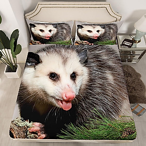 Opossum Bed Sheets Twin Size Possum Fitted Sheet for Kids Boys Girls Teens Adults Opossum Lovers Gift Bed Sheet Set Funny Animal Botanical Leaves Bedding Sheets Bedroom Decor Flat Sheets 3Pcs
