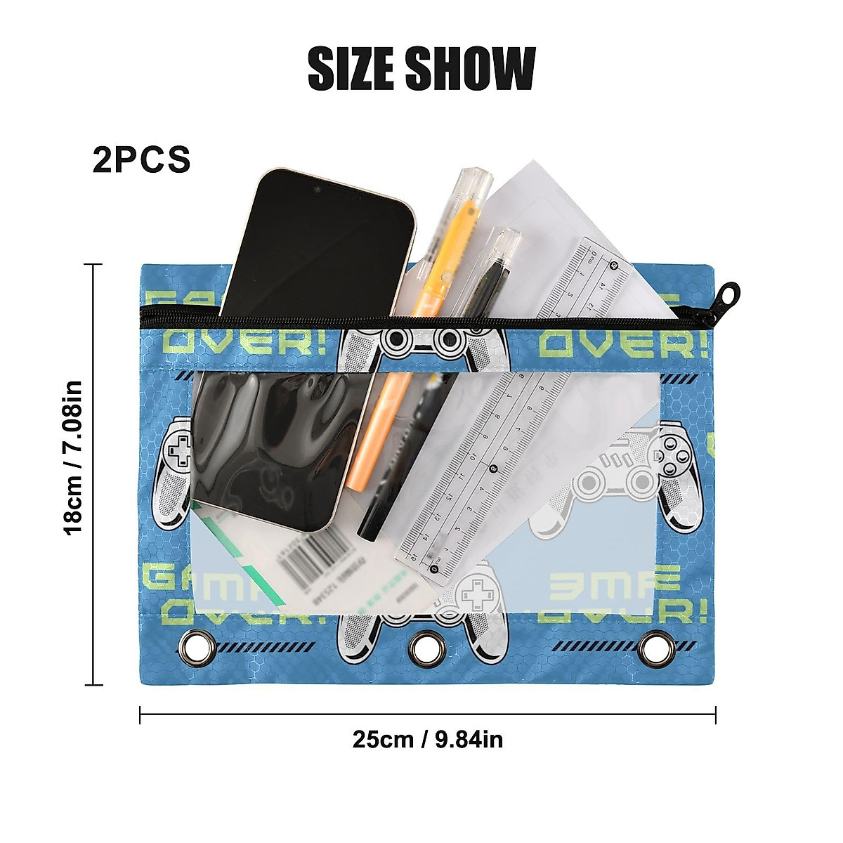 WIFIU Joysticks Gamepad Slogan Pencil Pouch for 3 Ring Binder Pockets Clear Window Pencil Bag with Smooth Zipper Video Game Controller Pencil Case for Organization Office Supplies Cosmetics 2 Pack