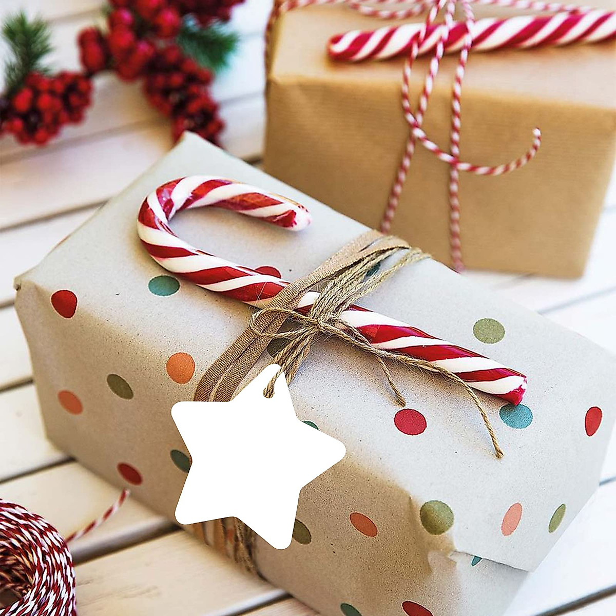 Five-Pointed Star Gift Tags 100PCS Paper Gift Tags with String White Gift Tag with Natural Jute Twine for DIY, Craft, Party Favors, Wedding Favors and Special Events (White)