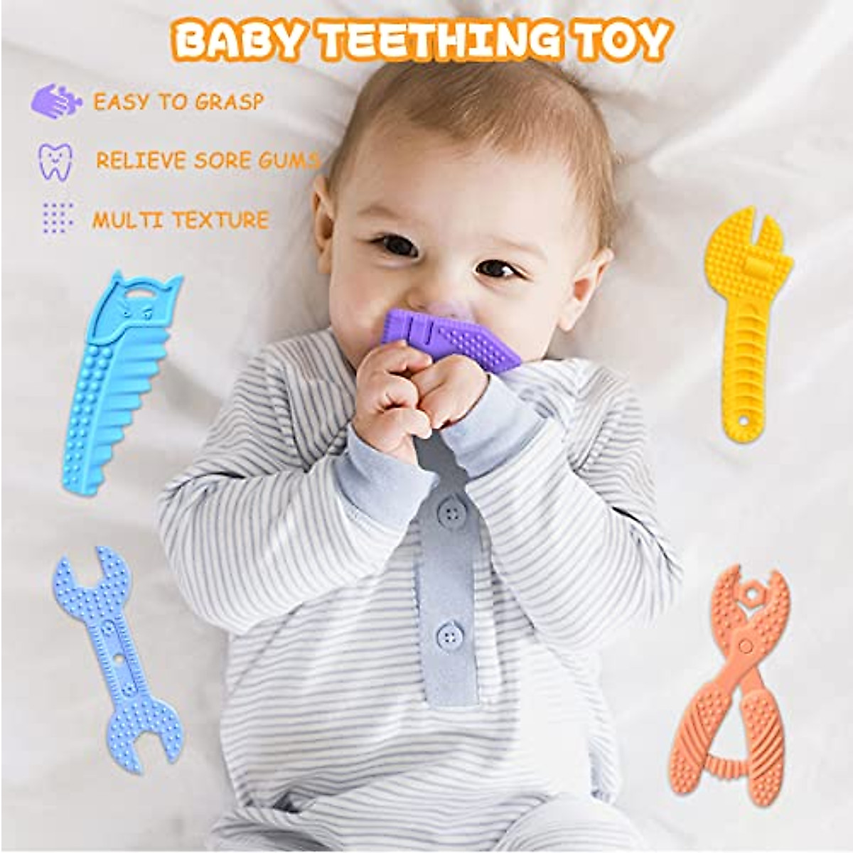 Mgtfbg Baby Teething Toys for 0-6 Months 6-12 Months - Molar Teether Chew Toys Set BPA Free Silicone, Soft Textures - Hammer Wrench Scissors Shape Baby Teething Toys Gift 5-Pack