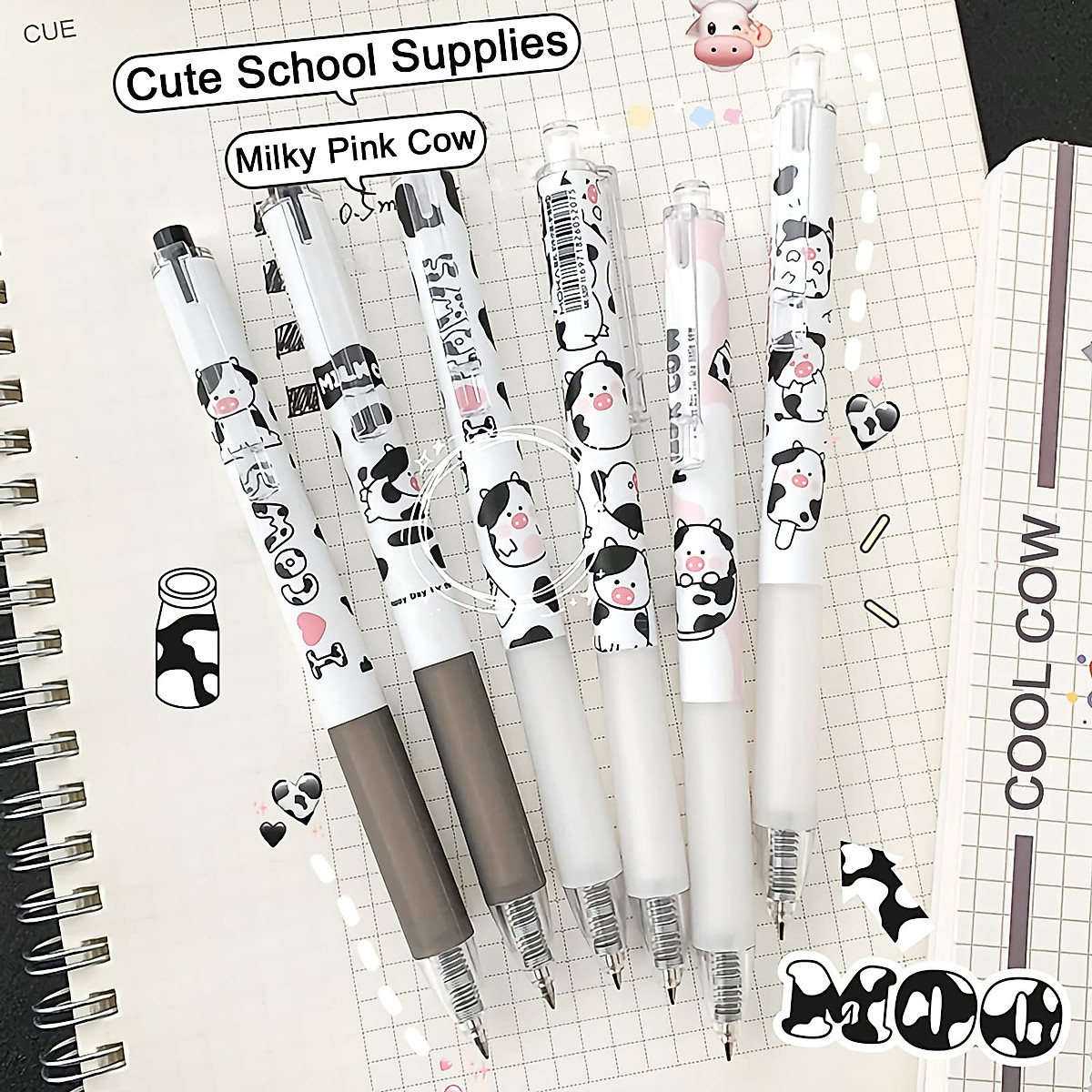 Cute Pens Kawaii 0.5mm Black Ink Gel Pens Fine Point Smooth Writing Ballpoint for Office School Supplies Nice Fun Gifts for Kids Girls Women Pens for Journaling，Pack of 6pcs (Little Milky Cow)