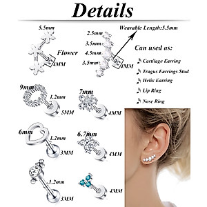 Tornito 18Pcs Cartilage CZ Stud Earrings Conch Forward Helix Tragus Daith Piercing Lip Rings Snake Butterfly Jewelry for Women Men 16G Silver Tone