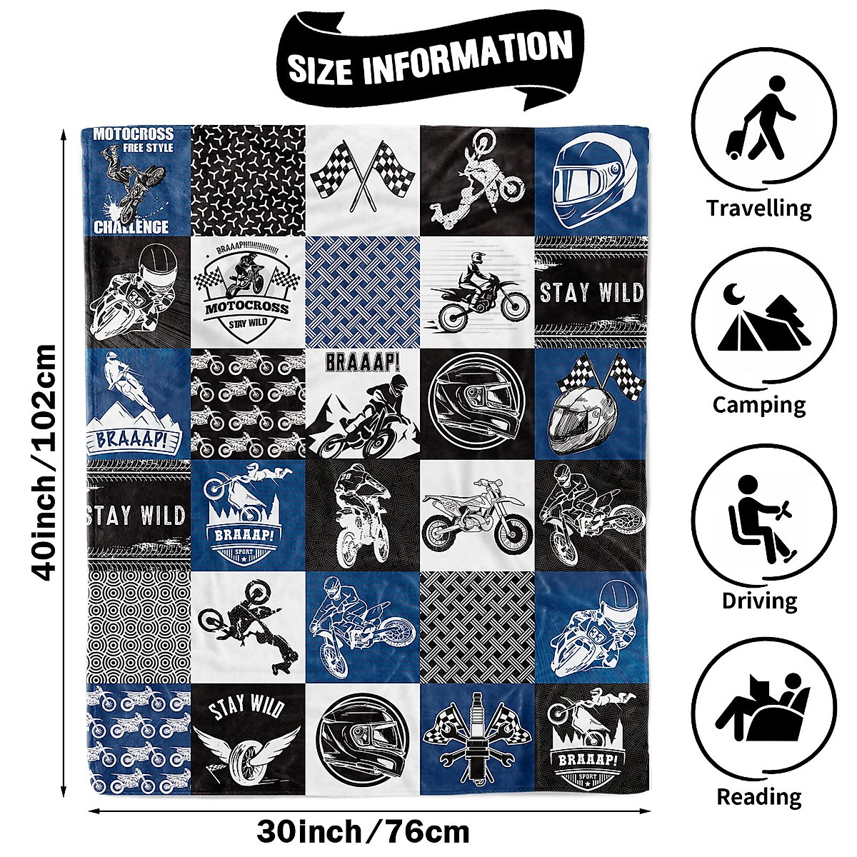 Motorcycle Blanket Throw, Motocross Rider Blanket for Boys Teens, Soft Cozy Plush Flannel Fleece Throw Blanket for Motorbike Lovers Gift, Fluffy Fuzzy Dirt Bike Blankets for Sofa Couch Bed, 50"x60"