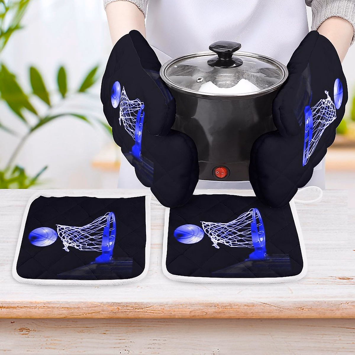 4Pcs Oven Mitts and Pot Holders Set, Blue Basketball Oven Mitts Gloves Set Heat Resistant Hot Pads for Kitchen Cooking Grill