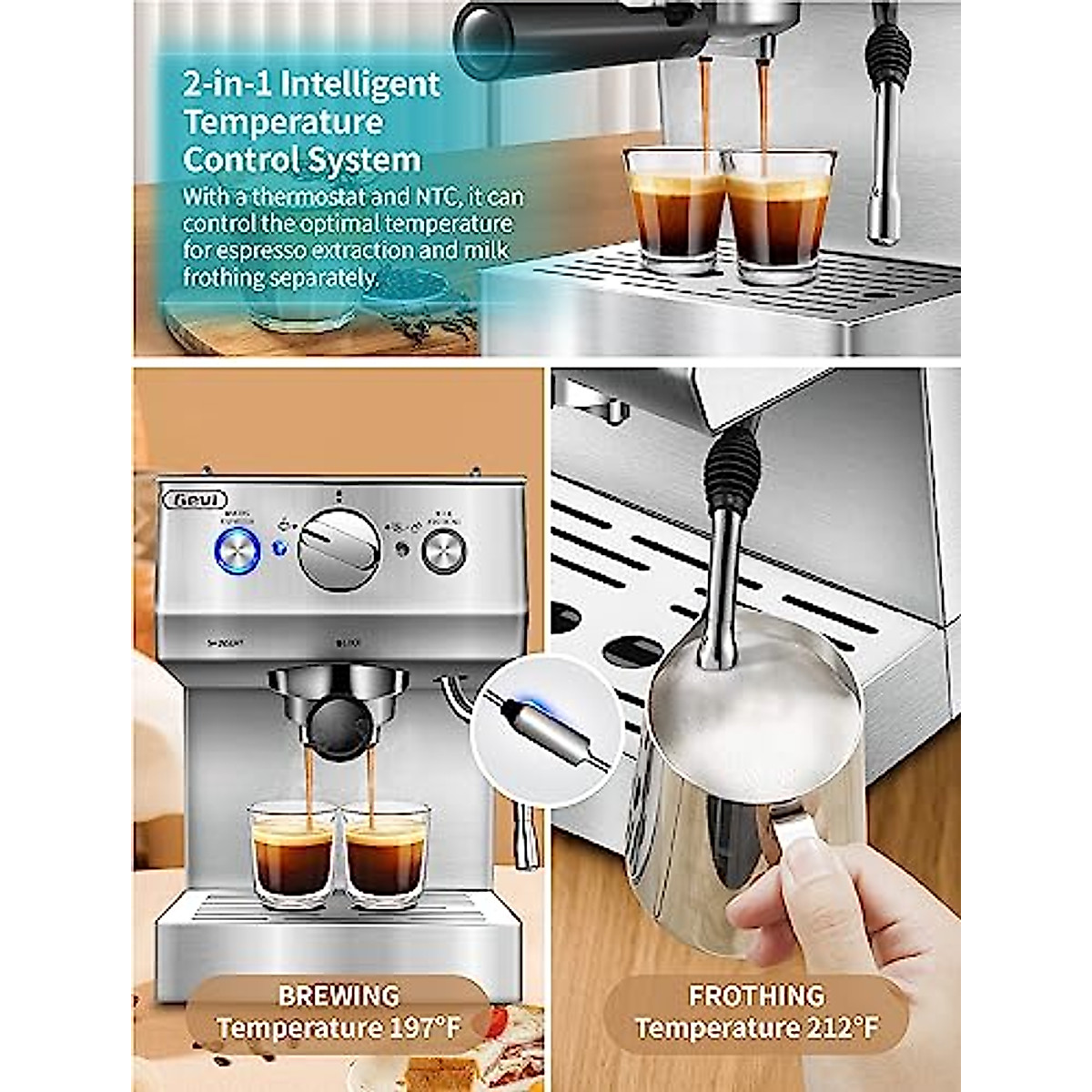 Espresso Machine, Stainless Steel Espresso Machine with Milk Frother for Latte, Cappuccino, Machiato,for Home Espresso Maker, 1.8L Water Tank, Semi Automatic Espresso Machines 20 Bar