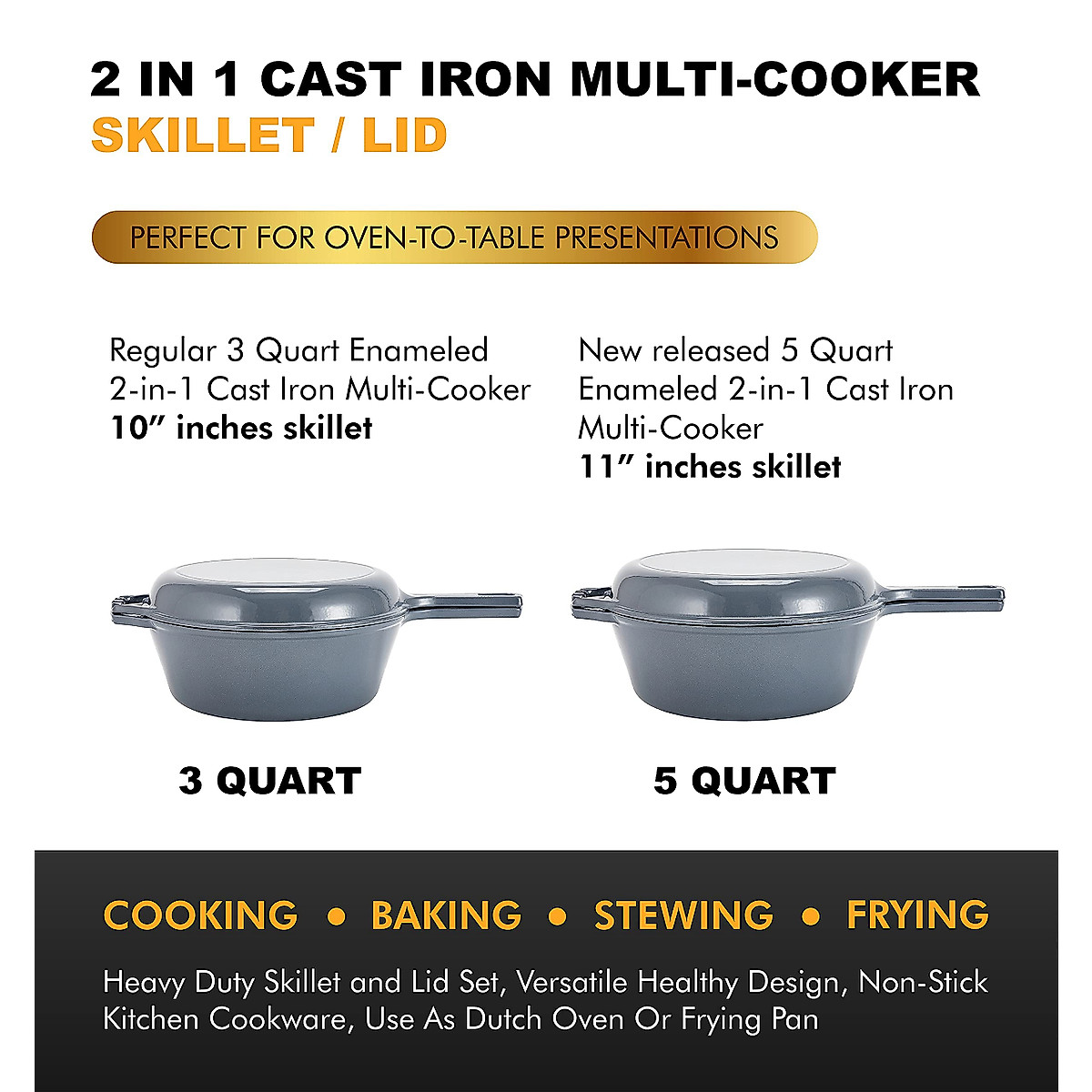 Bruntmor 2-in-1, 5 Quart Enamel Cast Iron Dutch Oven With Handle, 5 Qt Grey Cast Iron Skillet, Enamel All-in-One Cookware Braising Pan For Casserole Dish, Crock Pot Covered With Cast Iron