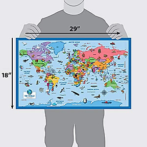 2 Pack - World Map Poster for Kids [Illustrated] + Simplified United States Map (Laminated, 18" x 29")