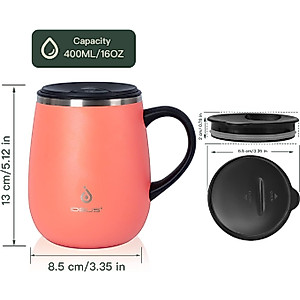 Ideus 16 oz Insulated Coffee Mug with Handle and Lid, Double Wall Stainless Steel Vacuum Insulated Tumbler Cup, Travel Coffee Cup Thermal Cup for Home and Office, Coral