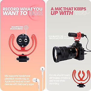 Movo VXR10-PRO External Video Microphone for Camera with Rycote Lyre Shock Mount - Compact Shotgun Mic Compatible with DSLR Cameras and iPhone, Android Smartphones - Battery-Free Camera Microphone