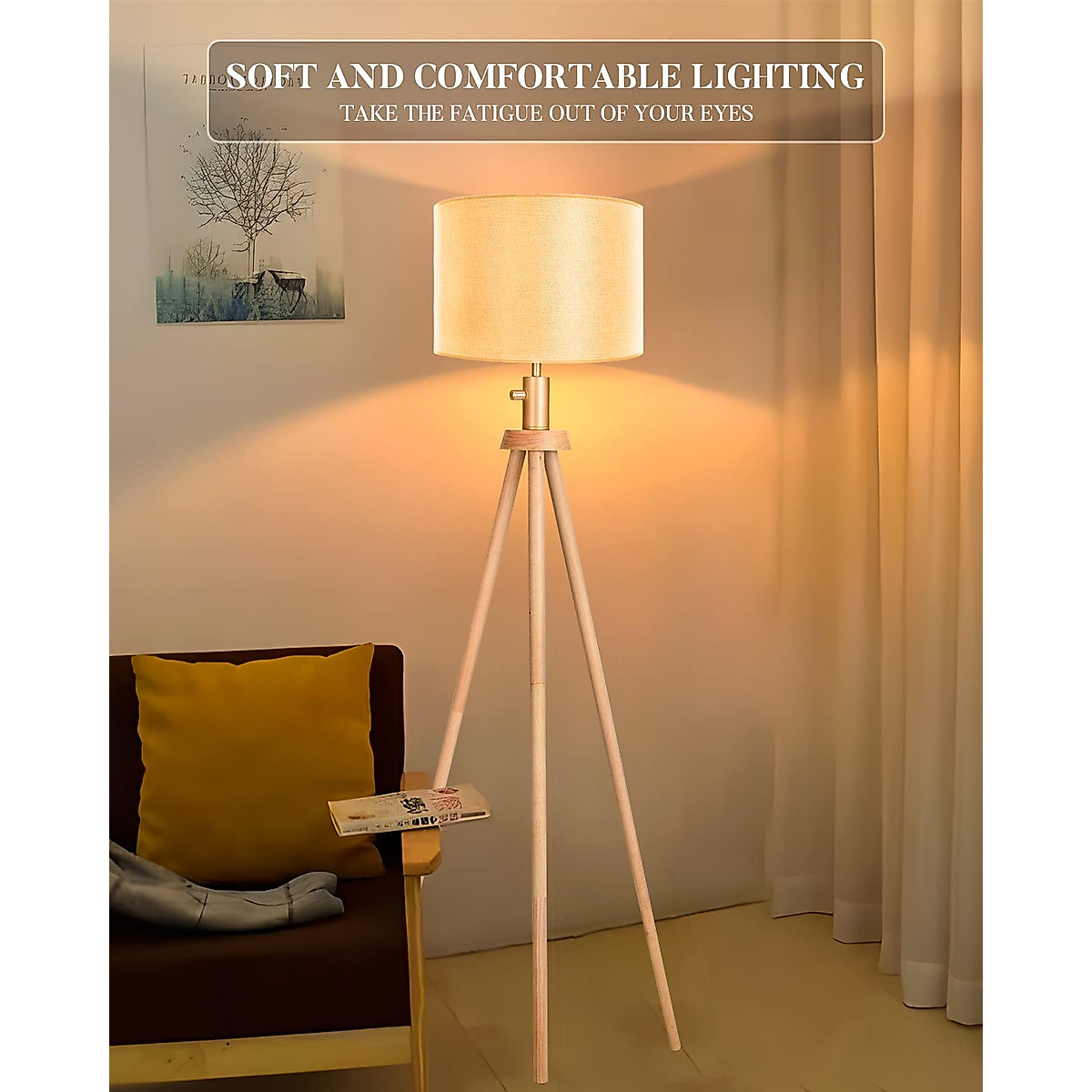 Dimmable Tripod Floor Lamp, Mid Century Standing Lamp with 0%-100% Brightness LED Bulb Beige Linen Drum Shade, E26 Socket, Bedside Lamp, Wooden Floor Lamp for Living Room, Bedroom, Office