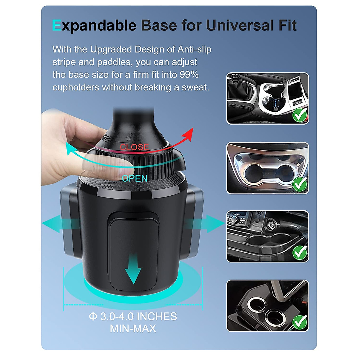 OQTIQ Wireless Car Charger 15W Cup Holder Phone Mount Adjustable Car Phone Holder Charger with QC 3.0 Adapter Compatible with iPhone 14/13/12 Pro Max, Samsung, Pixel, LG & More