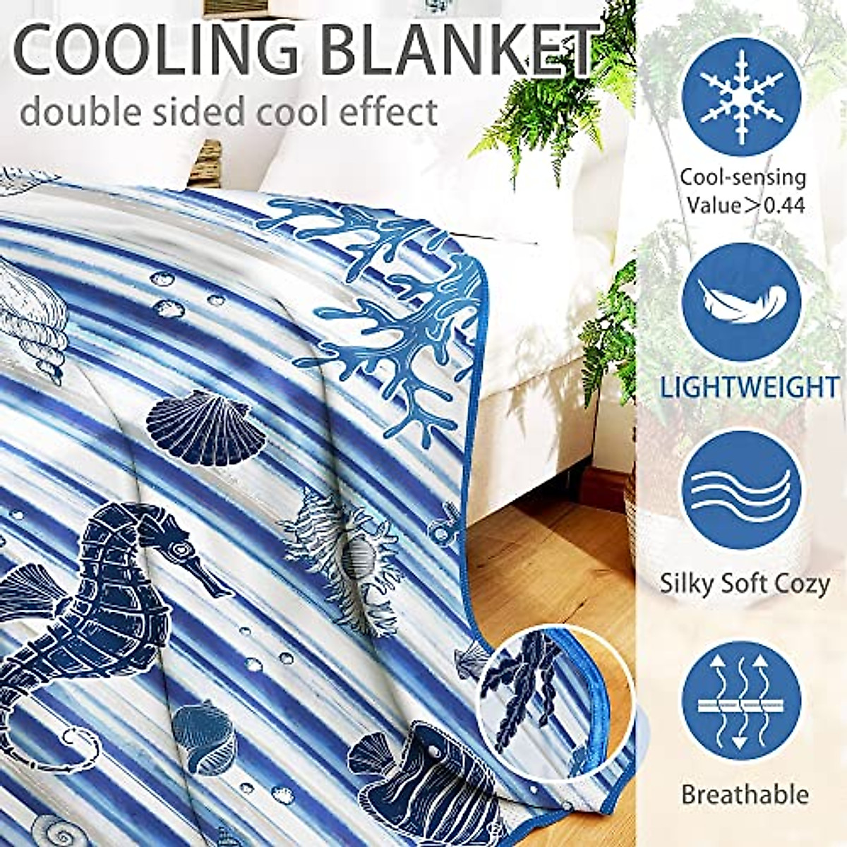 Cooling Blankets for Hot Sleepers, Night Sweats Summer Blanket Lightweight Double Sided Cool Effect, Soft Cold Blankets for Hot Sleepers Sleeping 51"x67" Absorb Heat Keep Cool(Ocean Theme)