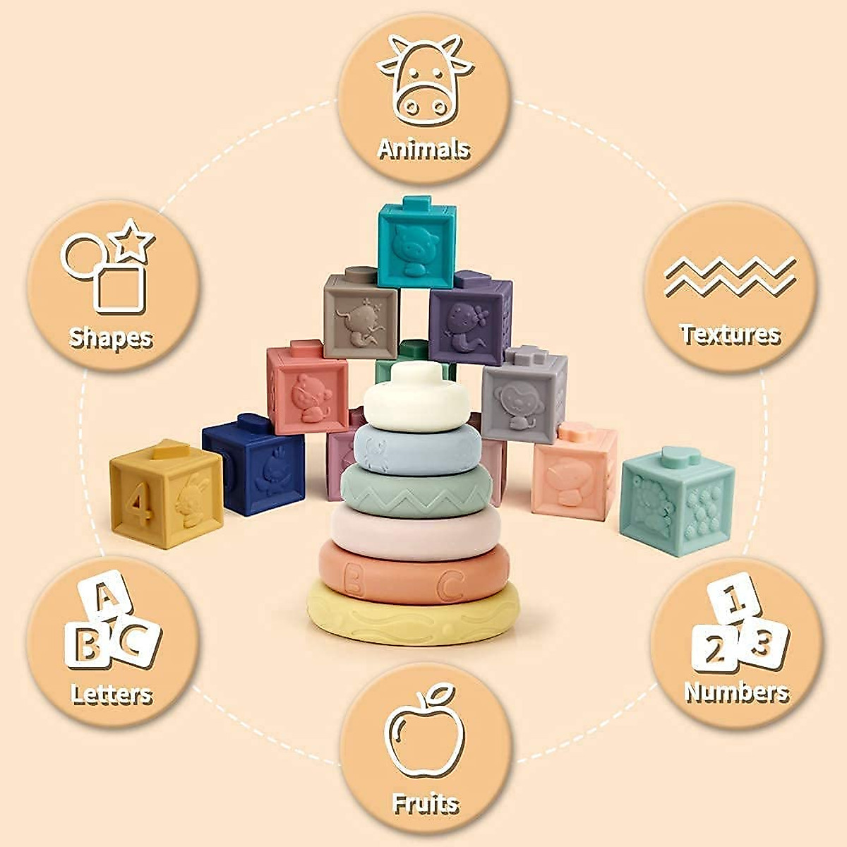 Mini Tudou Baby Blocks & Stacking Rings Toy Set, Baby Sensory Building & Teething Toys Educational Squeeze Play with Animals Shapes Textures Numbers, Holidays for Toddlers Babies 6m+