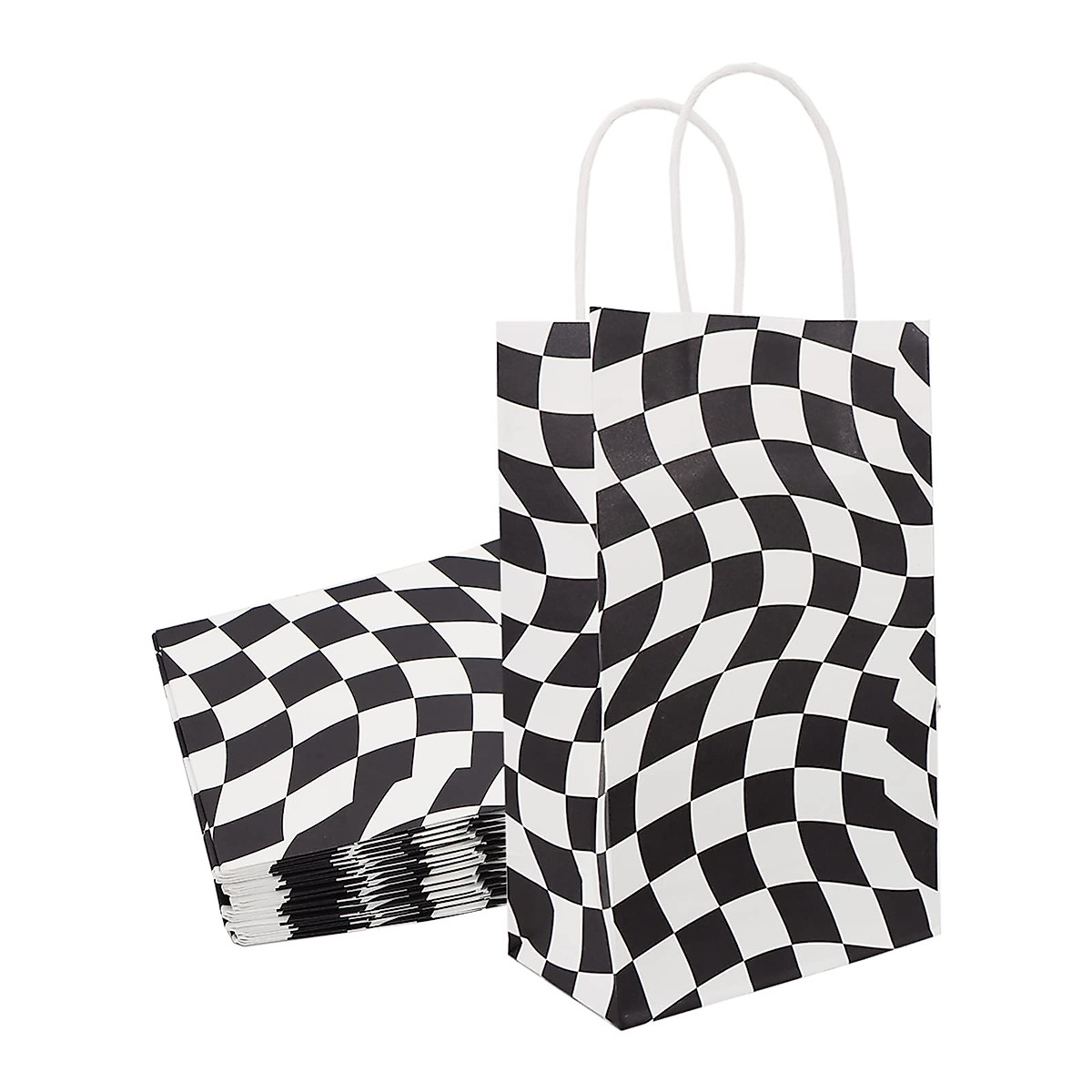 30 pieces Plaid Race Car Favors Paper Bags with Handle, Checkered Racing Gift Bags Bulks, Size 9'(H)x5.5'(L)x3.3'(D) Black and White Checkered Race Car Themed Kraft Paper Bags for Kids Birthday Party