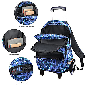 VILINKOU Rolling Backpack with Wheels Trolley Bag Wheeled Backpack for Boy and Girl, Backpack on Wheels for School, Travel (Blue Strips)