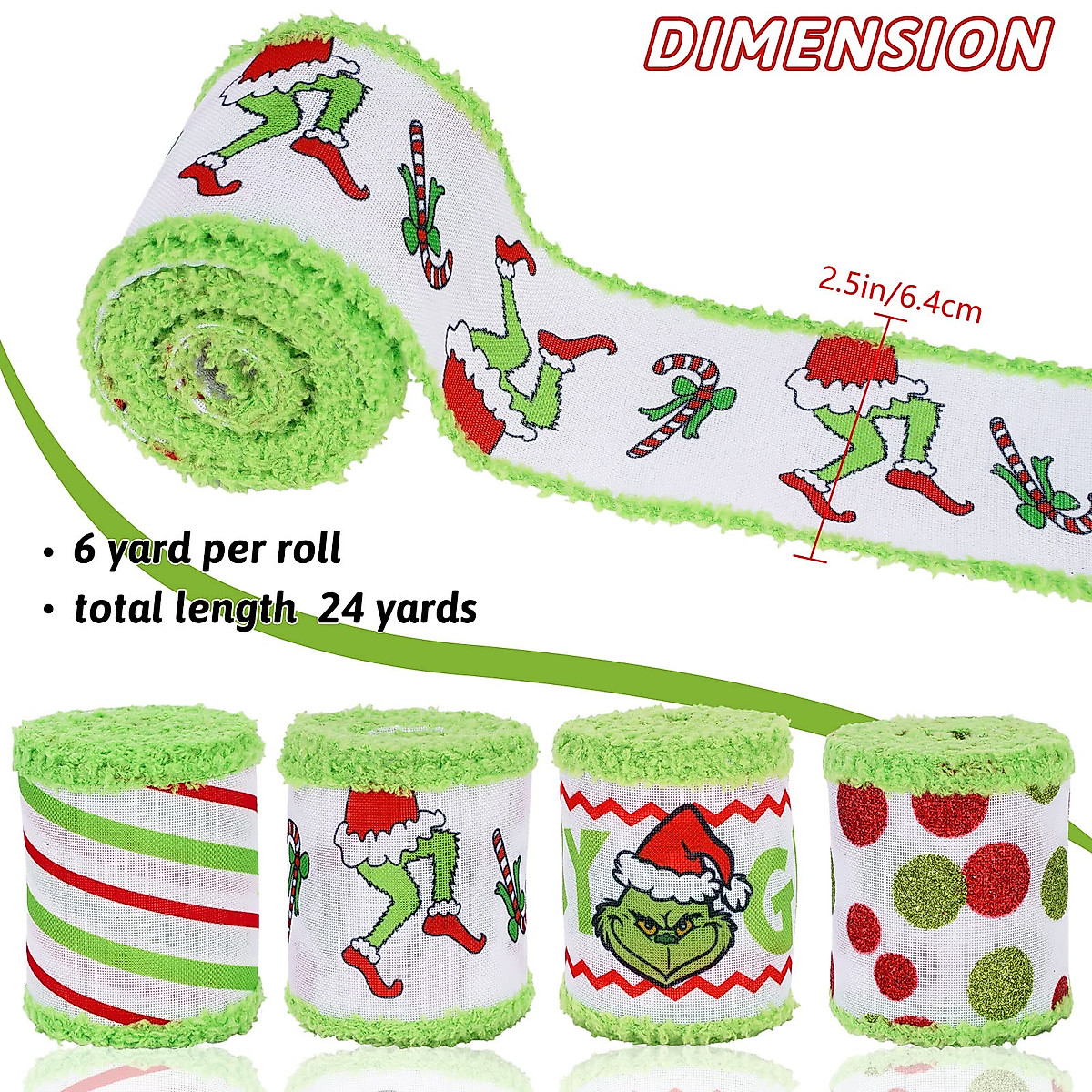 AnyDesign Christmas Wired Edge Ribbon Rolls 2.5 Inch 24 Yards Christmas Craft Fabric Ribbon Cartoon Character Stripe Dot Gift Wrapping Ribbon for Xmas Tree Wreath Bow DIY Craft Decoration, 4 Rolls