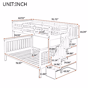Woanke Twin Over Full Stairway Bunk Bed, Solid Wood Bed Frame with with Twin Size Trundle, Stairway, Storage and Guard Rail for Bedroom, Dorm, No Need Spring Box, Espresso