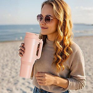 NAYAD 40oz Tumbler with Handle and Straw, Insulated Stainless Steel Travel Mug with Flip Lid & Straw Lid, Coffee Travel Mug Holder Compatible for Travel, Holiday Gift with Foldable Handle,pink tumbler