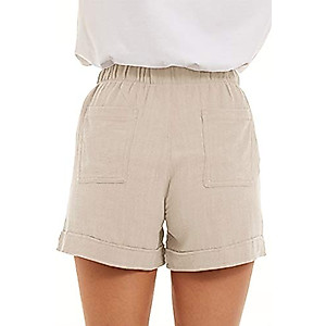 KINGFEN Womens Shorts Casual Lounge Cotton Shorts Casual for Summer Mid Rise Elastic Waist Linen Beach Pull On Comfy Drawstring Stretchy Short with Pockets Beige Large