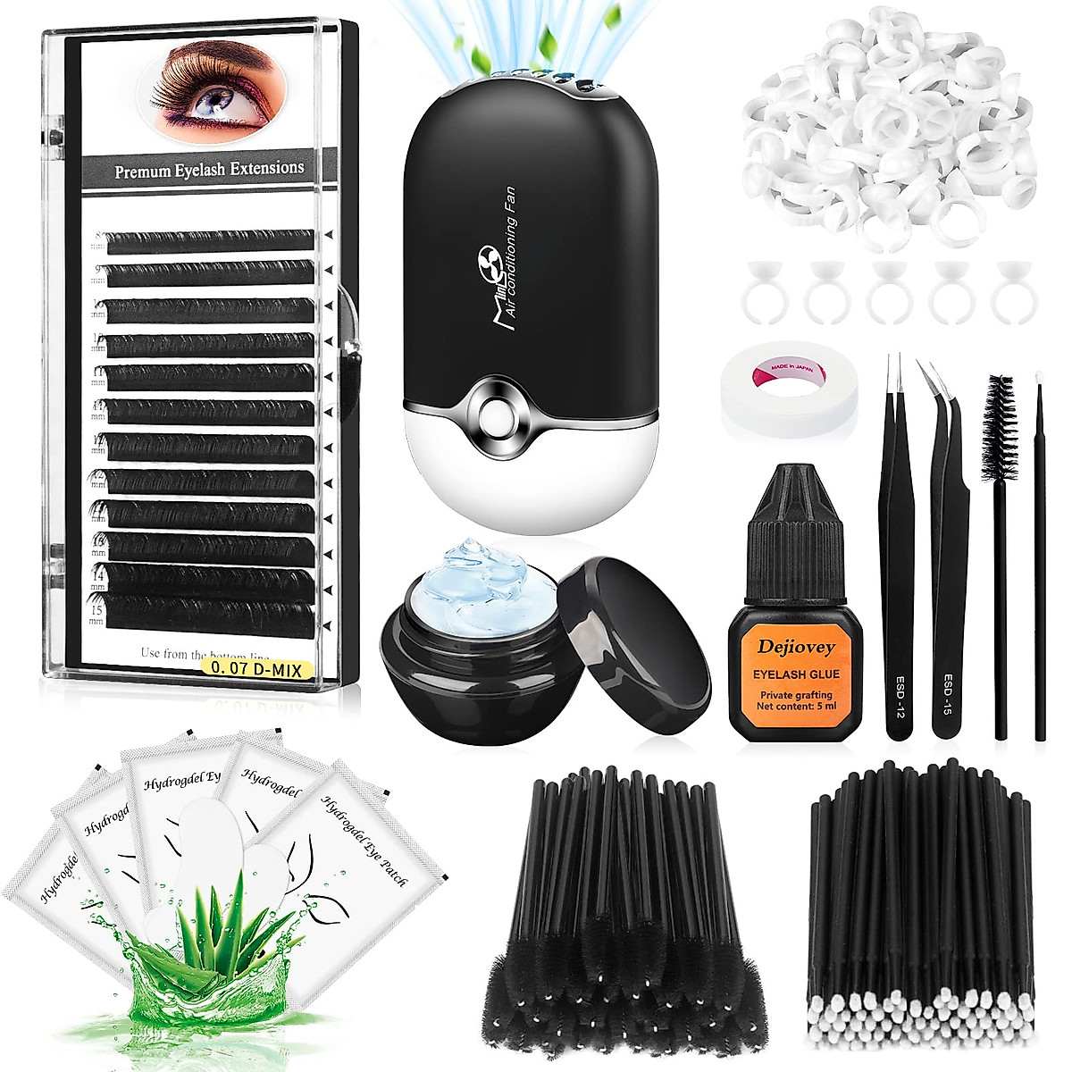 Eyelash Extension Kit Lash Extensions Supplies for Beginners with Individual Lash 0.07D Curl Mix 8-15mm, Glue, Eyelash Remover, USB Lash Fan, Tweezers, Eye Gel Pads, Micro Brushes, Mascara Brushes